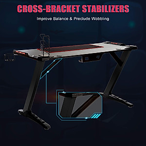 CO-Z 55 Inch Gaming Desk, Z Shaped Gaming Table with 6-Color RGB Lighting, Large Mouse Pad, Controller Stand, Cup Holder & Headphone Hook, Writing Desk Computer Desk for Home Office and More, Black