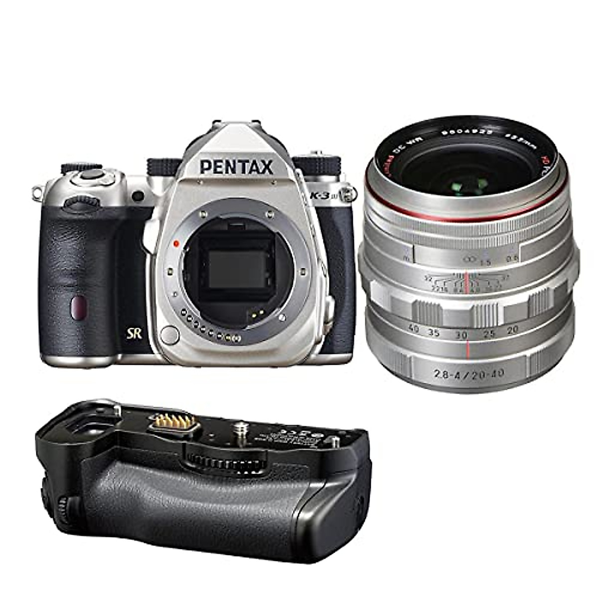 Pentax K-3 Mark III APS-C-Format DSLR Camera Silver with Pentax HD Pentax DA 20-40mm F2 .8-4 ED Limited DC WR Zoom Lens, Silver with Pentax D-BG8 Battery Grip, Black