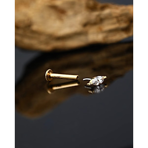 Jewseen 14K Solid Gold Push in Lip Rings G23 Titanium Labret Studs CZ Cartilage Earring 16g Tragus Helix Piercing Jewelry Flat Back Stud Nose Ring Stud Earring for Women Men