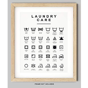 Laundry Room Decor - 11x14" UNFRAMED Print - Black And White Minimalist, Scandinavian, Modern, Typography Wall Print - Guide To Laundry Care Symbols - White Wall Art