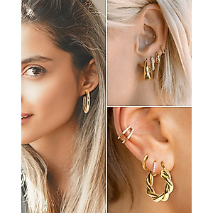 Adoyi Small Gold Huggie Hoop Earrings for Women Chunky Twisted Big Gold Hoops Set Hypoallergenic 14K Gold Plated Large Huggie Hoop Earrings Pack for Women Gift Lightweight 7 Pairs ball earrings