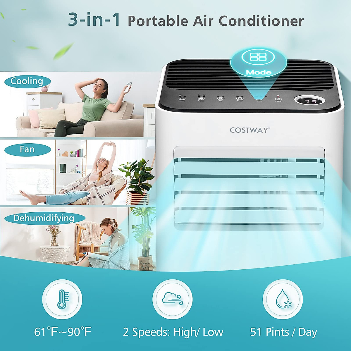 COSTWAY 10000 BTU Portable Air Conditioner, with Fan & Dehumidifier Mode, Quiet AC Unit with Sleep Mode, 2 Speeds, 24H Timer, LED Display, Remote Control, Cool Rooms up to 350 Sq.Ft for Bedroom, Dorms