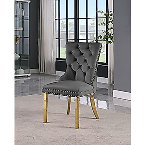 Meridian Furniture Carmen Collection Velvet Upholstered Dining Chair with Sturdy Gold Metal Legs, Set of 2, Grey