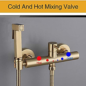 MINJING Bidet Faucet Brushed Gold, Soild Brass Wall Mounted Toilet Bidet Sprayer Set, Hot and Cold Water Mixer Tap, Cloth Diaper Sprayer for Toilet