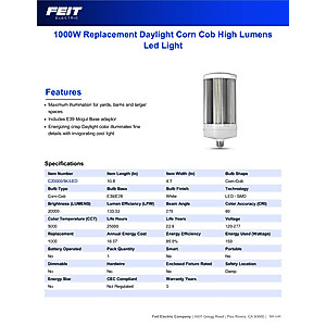 Feit Electric C20000/5K/LED 1000 Watt Equivalent 175W Corn Cob High 20,000 Lumen LED Light Bulb, 13.4"H x 5.3"D, Daylight 5000K