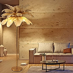 ESTUWD Ostrich Feather Floor Lamp, Dimmable Floor Lamp with Footswitch (Contains Light Sources), Gold Standing Lamp for Bedrooms and Living Room H : 160cm… (Camel)