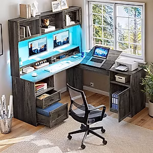 YITAHOME L Shaped Desk with Drawers & Hutch, 61" Computer Desk with Power Outlets & LED Lights, Corner Office Desk with Storage Cabinet, Drafting Table, Wood Desk, Grey