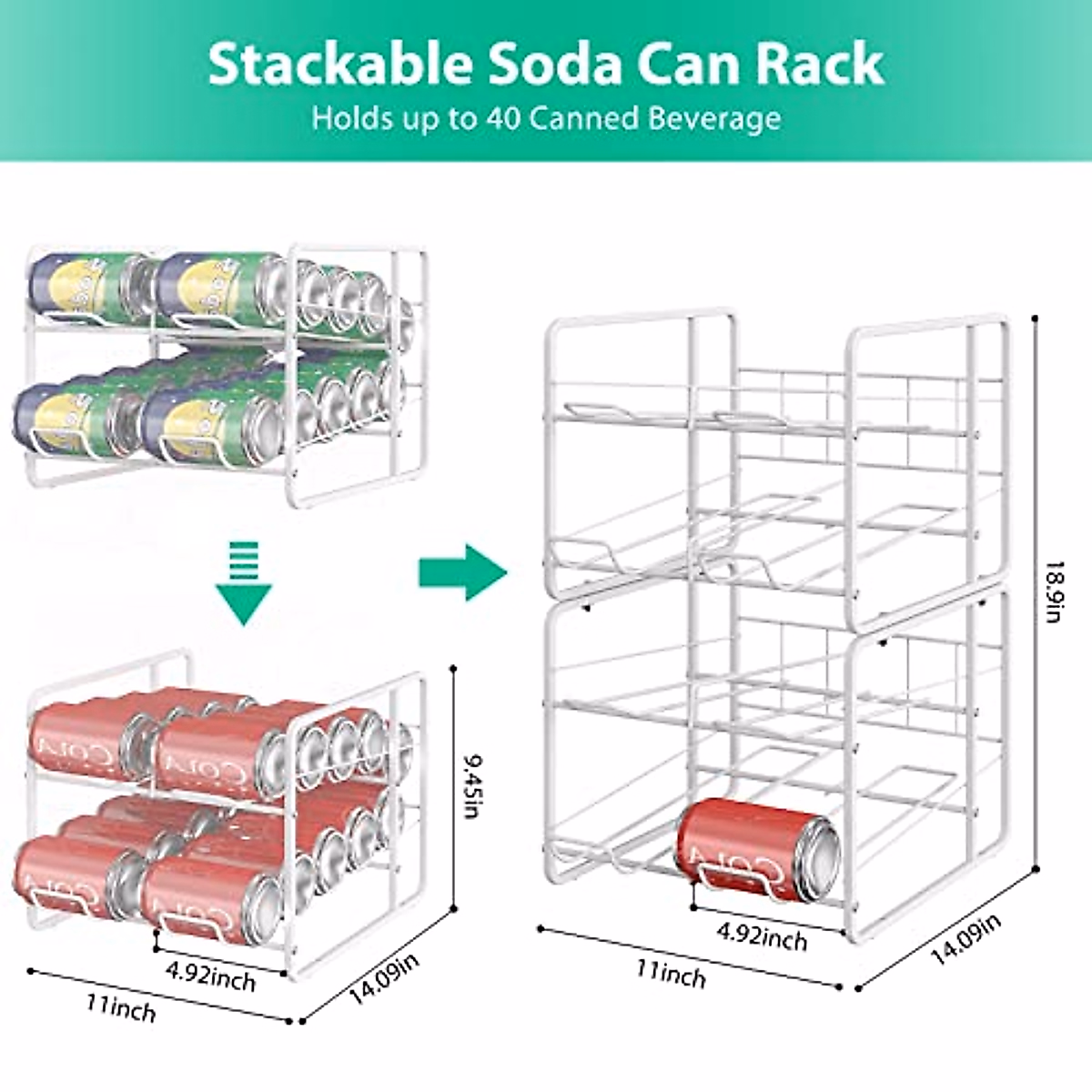 smusei Stackable Soda Can Organizer Soda Rack Holder for Pantry 4 Tier Beverage Can Dispenser Cola Storage Rack for Kitchen Cabinets Countertop, Holds 40 12oz Soda Cans or Canned Food - Matte White
