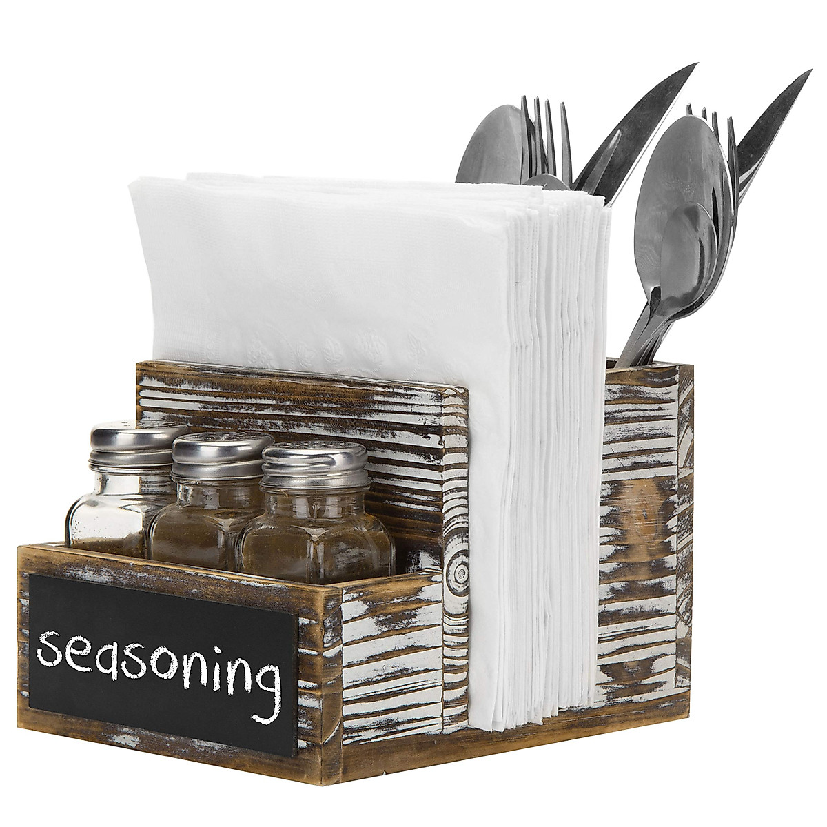 MyGift Torched Solid Wood Farmhouse Napkin and Salt and Pepper Shakers, Tabletop Napkin Holder, Condiment and Utensil Holder with Chalkboard