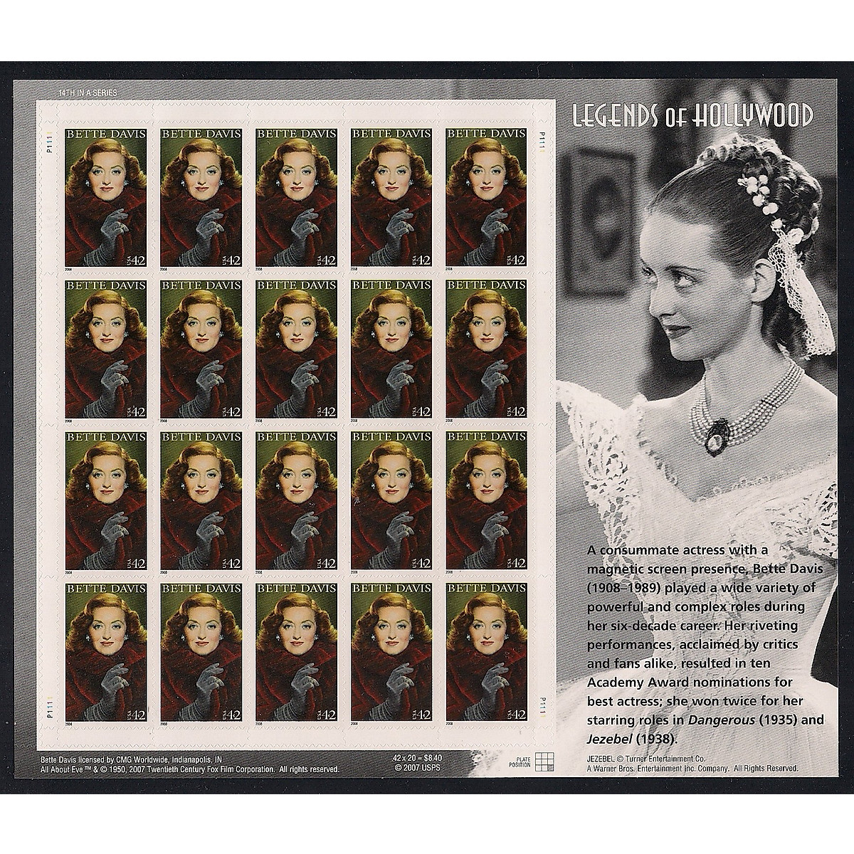 Bette Davis Legends of Hollywood pane of 20 x 42 cent us U.S. Postage Stamps