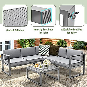 Tangkula 4 Pieces Aluminum Patio Furniture Set, Patiojoy All Weather Heavy Duty Cushioned Outdoor L Shaped Sofa Set for Poolside, Backyard, Deck, and Garden (Grey)