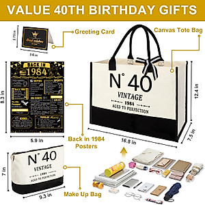 40th Birthday Gifts for Women Canvas Tote Bag Travel Gear, Unique 40 Years Old Birthday Gifts for Her Mom Wife Aunt Friends Turning 40, Vintage N40 Beach Bag & Cosmetic Bag & Back in 1984 Poster