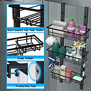 Spaclear Over The Door Shower Caddy, 3-Tier Adjustable Hanging Shower Shelves, Rustproof Stainless Steel with Hook Bathroom Organizer with Soap Holder for Inside Bathroom & Kitchen Storage, Black