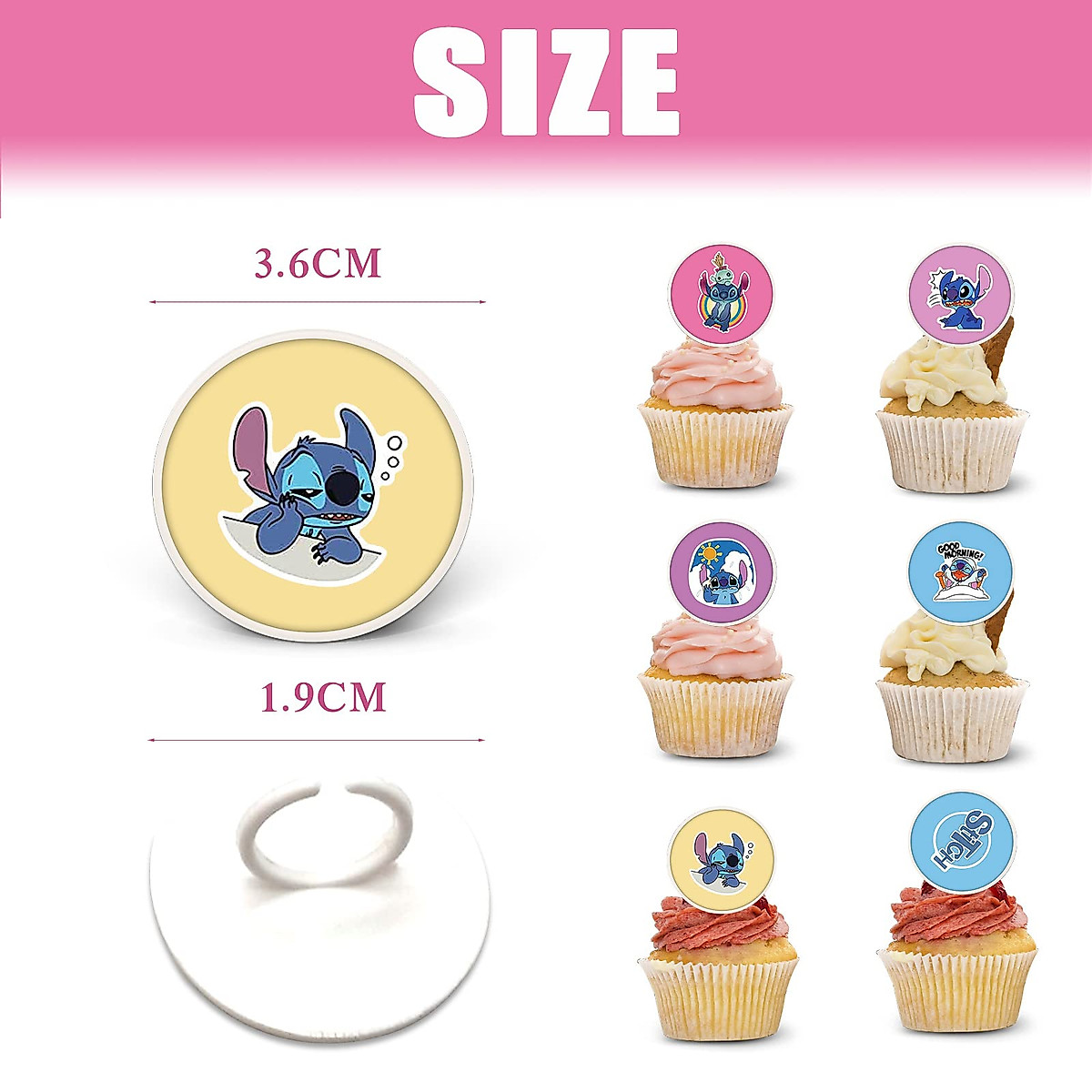 24pcs Stitch Cake Toppers Cupcake Ring Decor for Kids Cartoon Theme Birthday Party Supplies Baking Decorations Party Favors