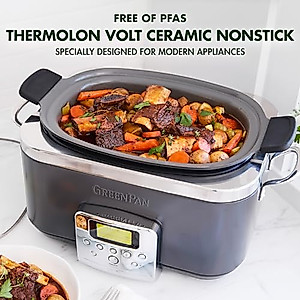 GreenPan Elite 8-in-1 Programmable 6 Quart Electric Slow Cooker, GlassLid & Removable Crock, PFAS-Free Healthy Ceramic Nonstick Multi-Cooker,Sear, Sauté/Brown,Roast, Graphite + Slow Cooker Cookbook