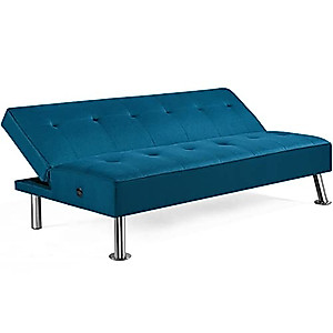 Topeakmart Fabric Futon Sofa, Convertible Futon Bed, Folding Couch, Sectional Sleeper Sofa for Small Space with USB Ports, Folding Sofa for Compact Living Space, Apartment, Office, Living Room Blue