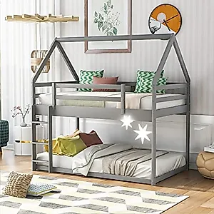 Twin Over Twin House Bunk Bed with Safety Guardrail and Ladder, Wood Twin Loft Bed Frame with House Roof for Kids Teens Girls Boys,Grey