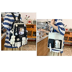 Kawaii Backpack 5Pcs Set Aesthetic School Bags 17in Cute Bookbag with Badge&Pendant,Shoulder Bag,Pencil Box,Tote Bag,Small Bag Black