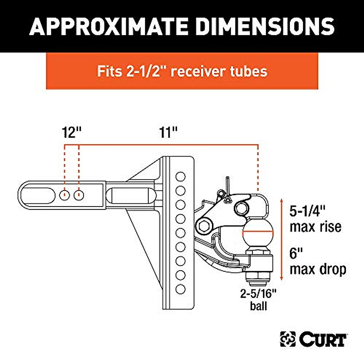 CURT 45908 Adjustable Pintle Hitch Combination, 2-1/2-Inch Receiver, 6-Inch Drop, 2-5/16-Inch Ball, 20,000 lbs, CARBIDE BLACK POWDER COAT
