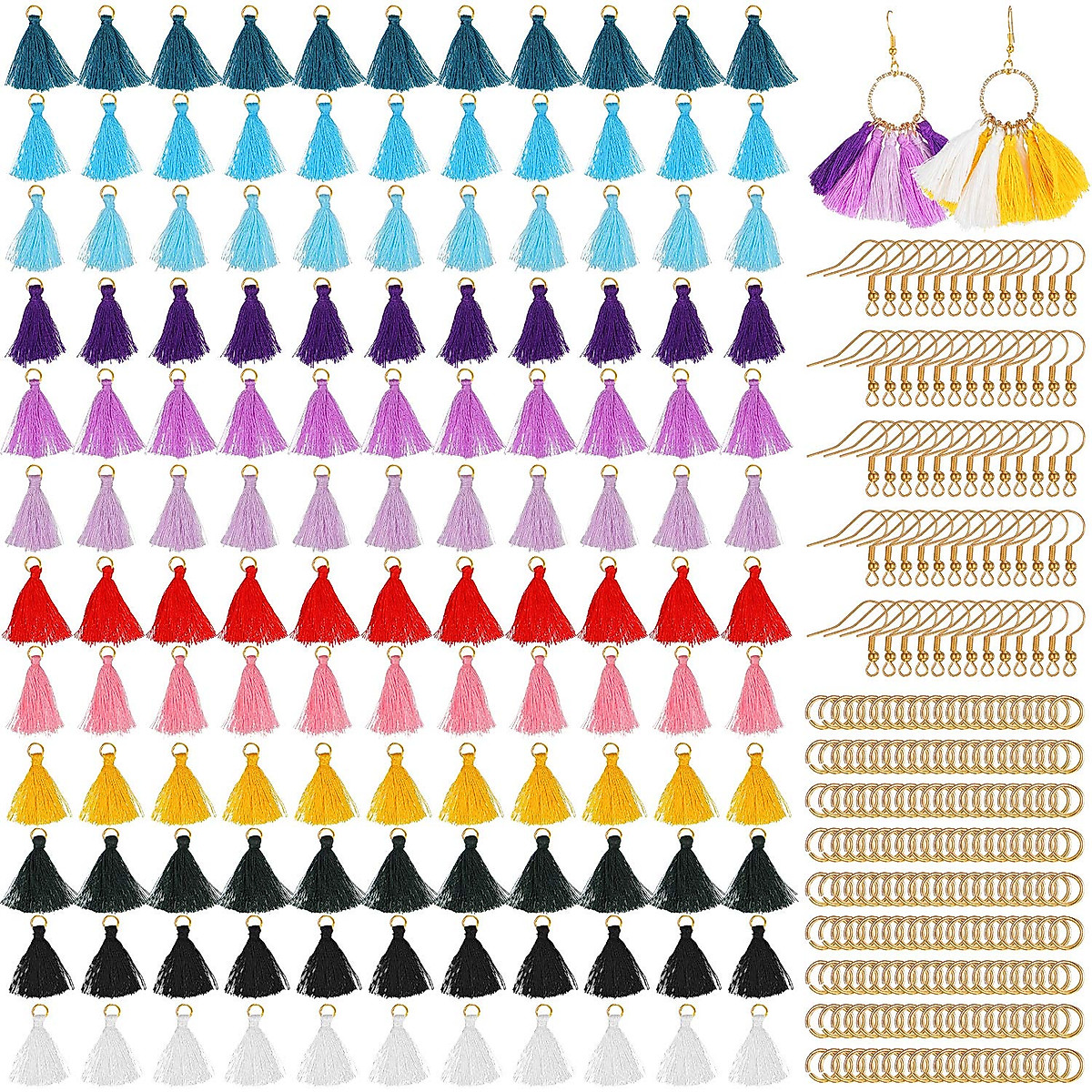 120 Pieces DIY Tassels Multicolored Mini Tassels Charm with 100 Pieces Gold Plated Earring Hooks and 200 Jump Rings for Earring Jewelry Making DIY Craft Accessory