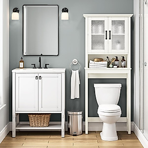 Baztin Over The Toilet Storage Cabinet, Over Toilet Bathroom Organizer with Doors and Adjustable Shelf, Thicken Frame Above Toilet Storage Cabinet Behind Toilet Bathroom Organizer, Cream White
