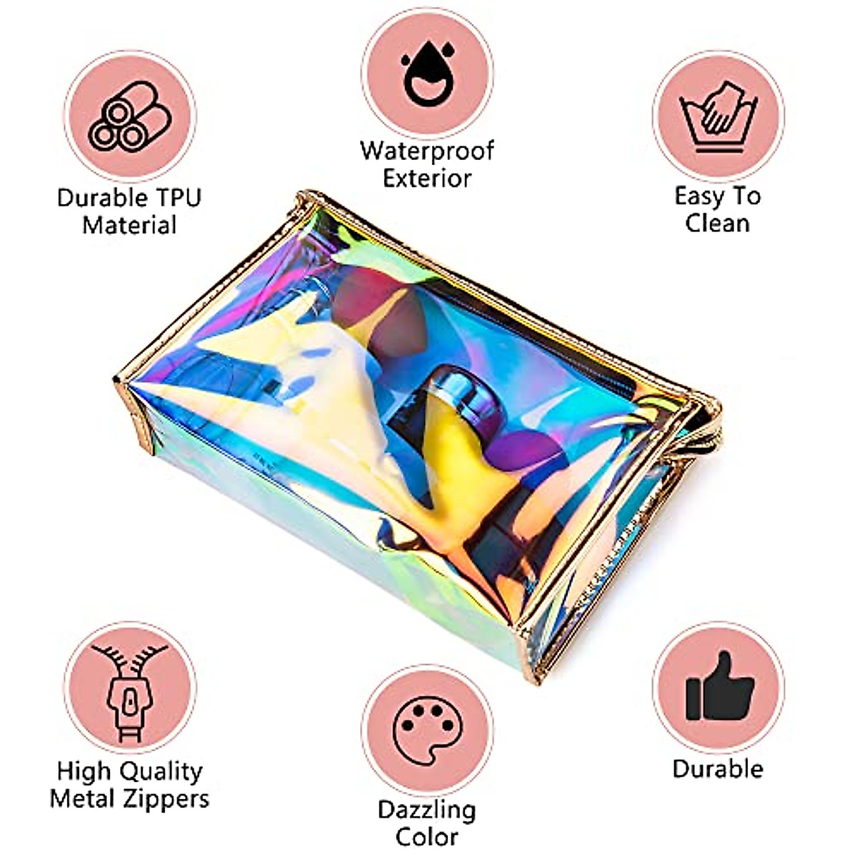 WestonBasics Holographic Iridescent Makeup Pouch | Portable Waterproof Cosmetic Bag Set for Women, Ladies & Bridesmaids | Clear Pouch for Travel, Toiletry | Large Clear Makeup Bags with Zipper