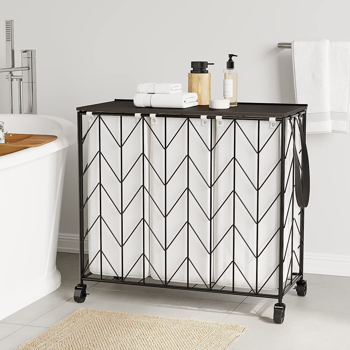 WOWLIVE Laundry Basket with Wheels, 142L Laundry Hamper 3 Section with Lid, Dirty Clothes Hamper with Removable Bags, Large Capacity Iron-Made Laundry Basket Organizer Laundry Sorter for Dorm, Beige