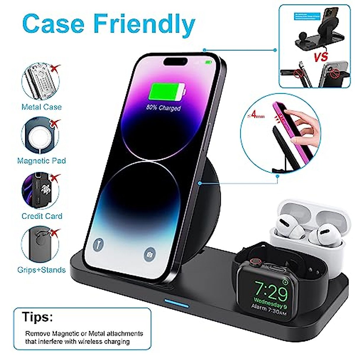 Wireless Charger, Fulsren 3 in 1 Qi-Certified Fast Charging Station Compatible Apple Watch & AirPods, iPhone 13/12/11/11Pro/11Pro Max/X/XS/XS/XR/8/8Plus, Qi-Enabled Andriod Phone(with QC3.0 Adapter)