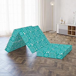 Ambesonne Turquoise Foldable Mattress, Stalks and Dots Vintage, 74.8" x 39.4", Turquoise White