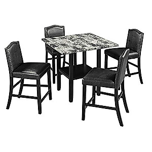 YuiHome Set 5 Piece Matching Bottom Shelf for Dining Room, Faux Marble Kitchen 4 Persons,Black Chair+Gray Table