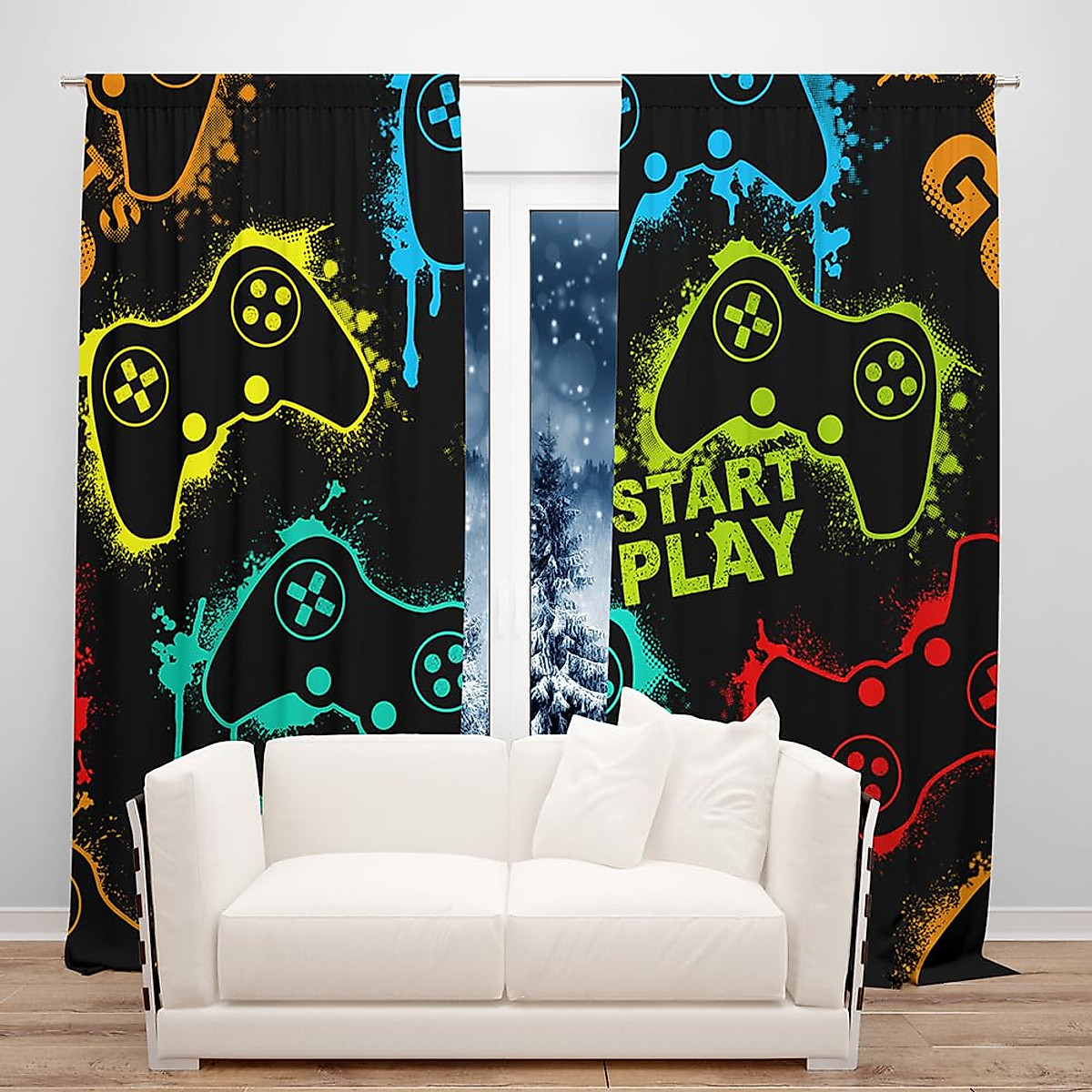 DOTOOMA 82x84 Inches Neon Gamepad Game Window Curtains Start Play Teen Boys Modern Gaming Video GameRoom Bedroom Living Room Decorations Home Window Treatments Drapes 2 Panel