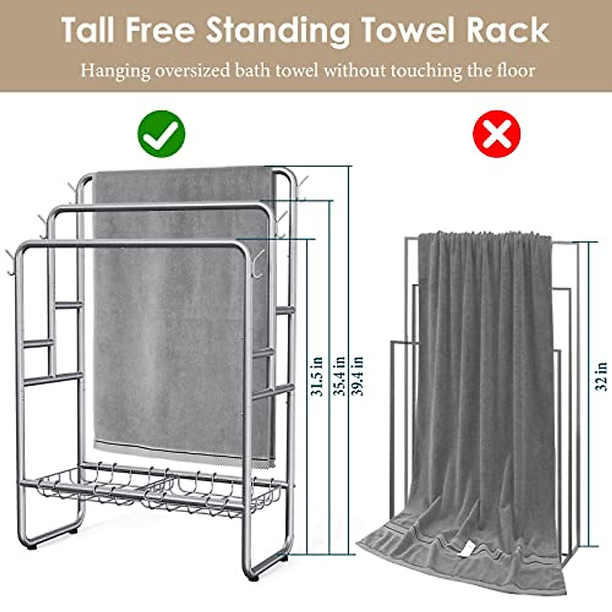 40" H Standing Towel Rack with 2 Storage Baskets & 6 Hooks, 3 Tier Silver Metal Towel Holder for Extra Large Towel, Modern Industrial Blanket Ladder Display and Drying Rack for Bedroom Bathroom