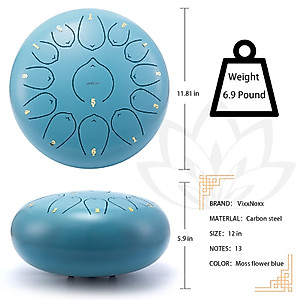 VixxNoxx Steel Tongue Drum, 12 Inch 13 Note Rain Drum for Outside Garden, Chakra Tank Drum Rain Chime, Handpan C Key Musical Percussion Instrument Kit with Bag Mallets (Moss Blue)