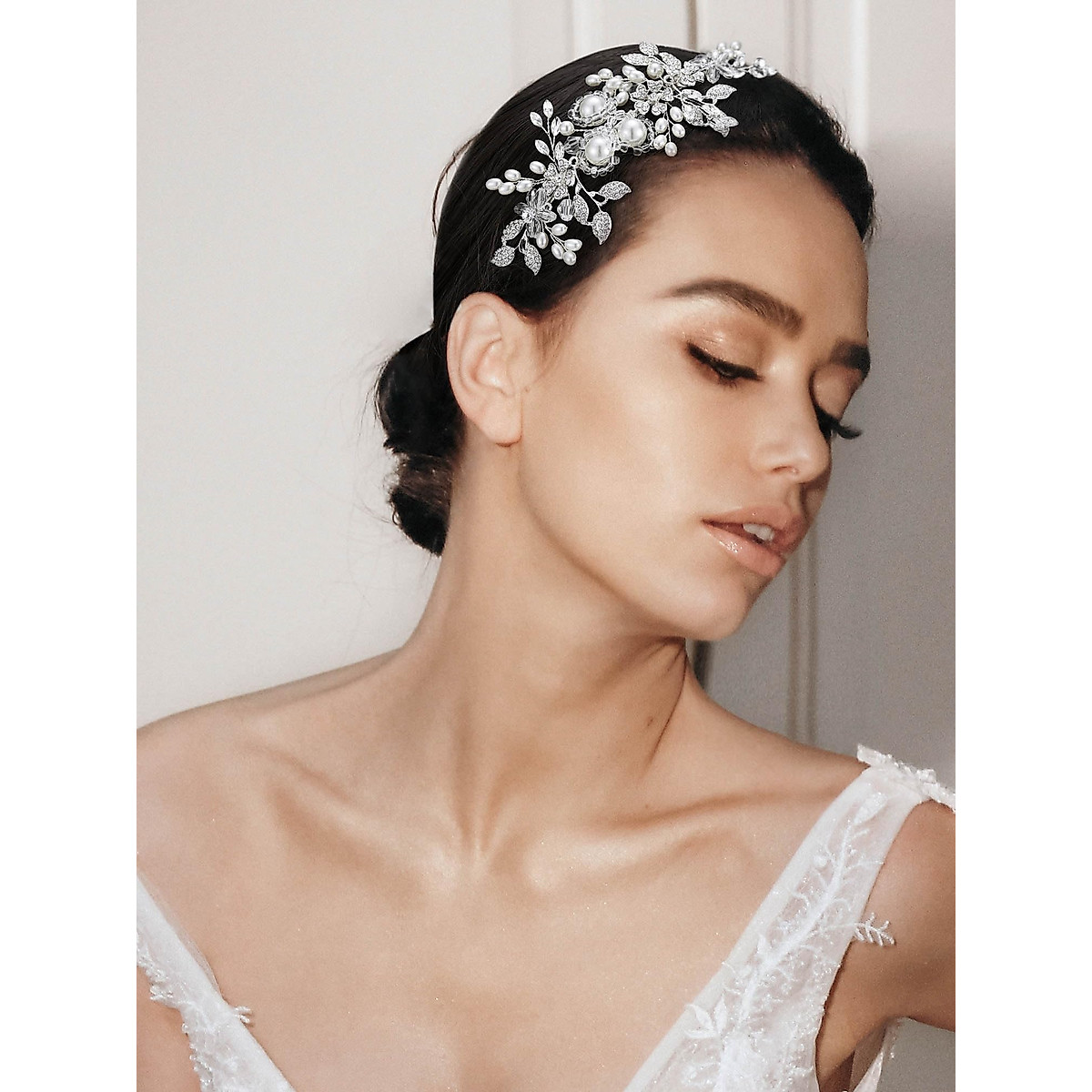 SWEETV Handmade Pearl Wedding Headbands for Women Silver Rhinestone Hair Band Bridal Headpieces for Bride Hair Jewelry Accessories