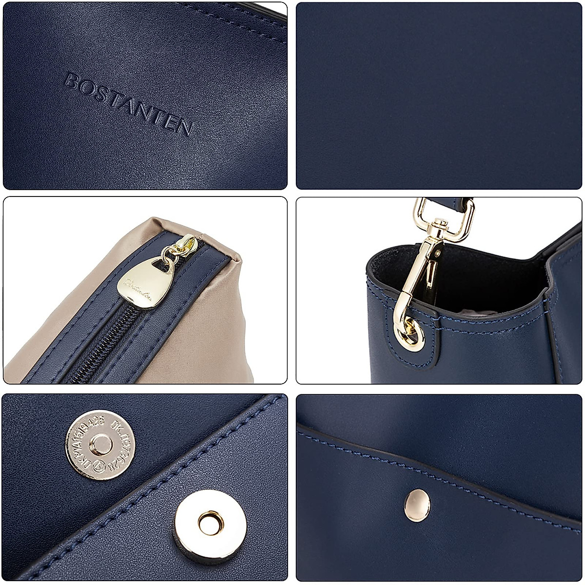 BOSTANTEN Women's Leather Designer Handbags Tote Purses Shoulder Bucket Bag Navy Blue