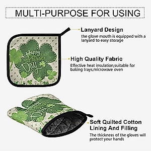 Irish Green Shamrock Oven Mitts Pot Holder Sets 2pcs St. Patrick's Day Non-Slip Kitchen Heat Resistant Hot Pads for Women Cooking Gloves Baking Wear BBQ