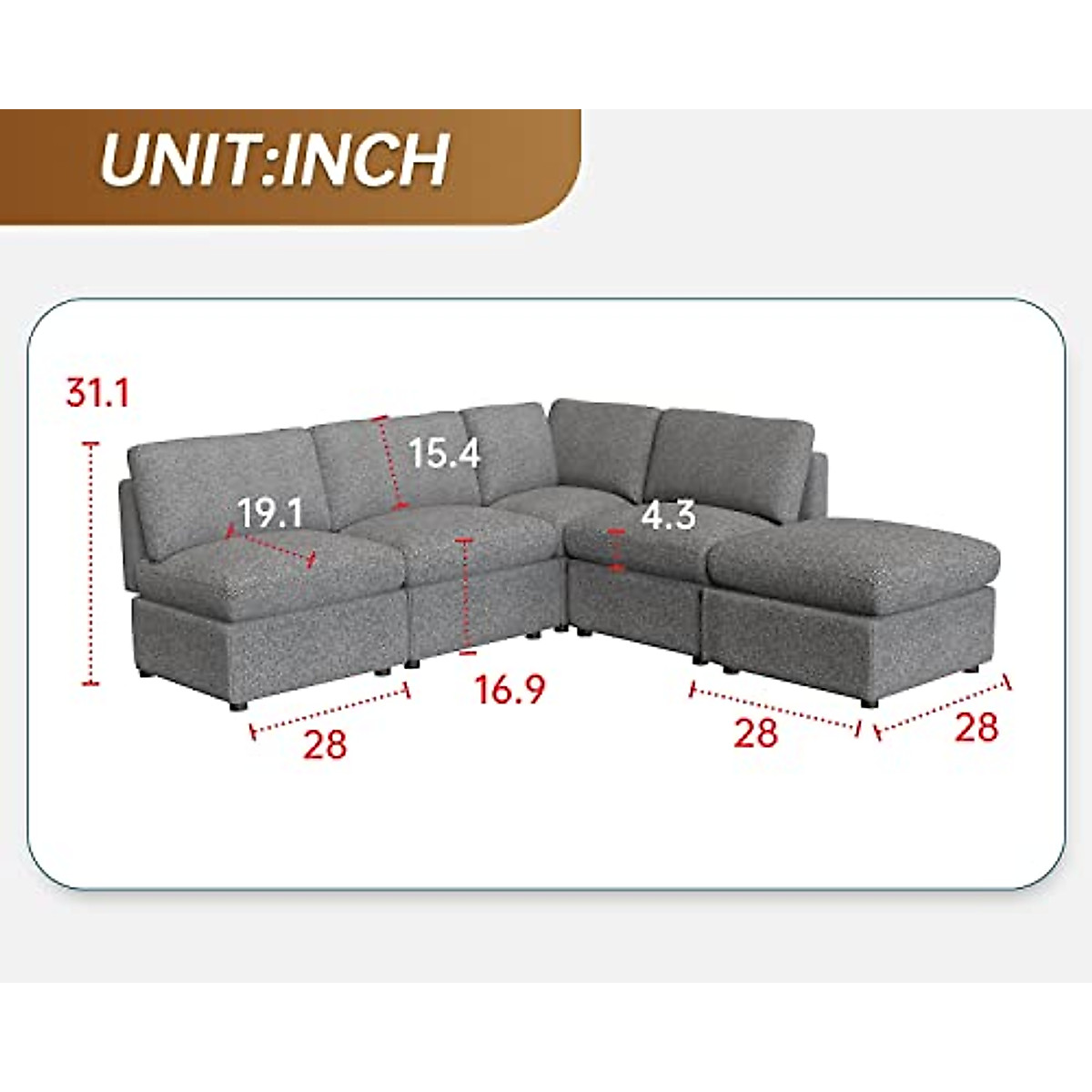 FDW Modular Sectional Sofa Couch,L Shaped Sofa Couch Convertible Sofa 4-Seat Sofa with Ottoman for Living Room Bedroom Office,Gray