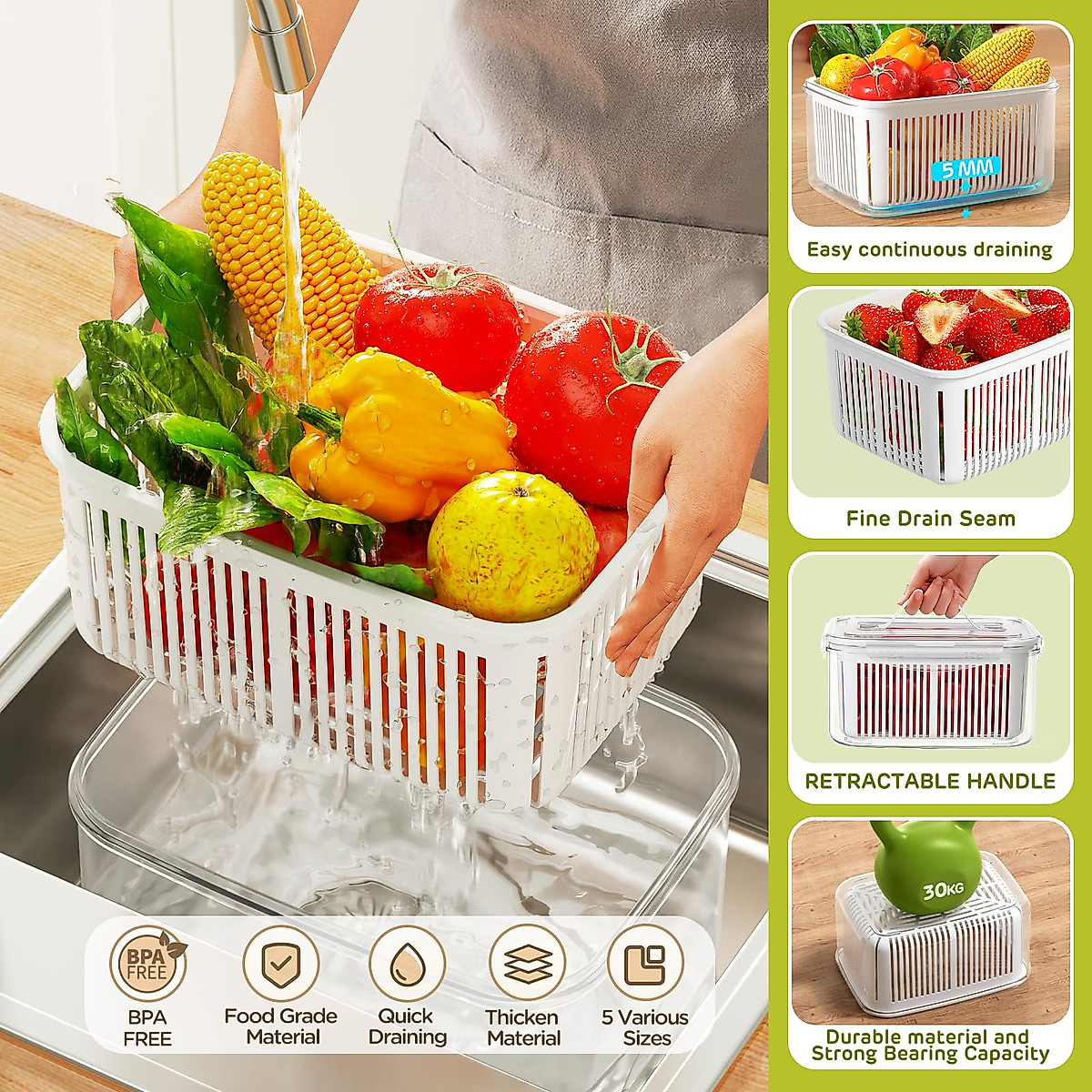 10PCS Fruit Vegetable Storage Containers for Fridge with Colander - Food Containers for Refrigerator Kitchen Organizer Produce Container Keep Fruits Vegetables Berry Meat Fresh longer,Dishwasher Safe