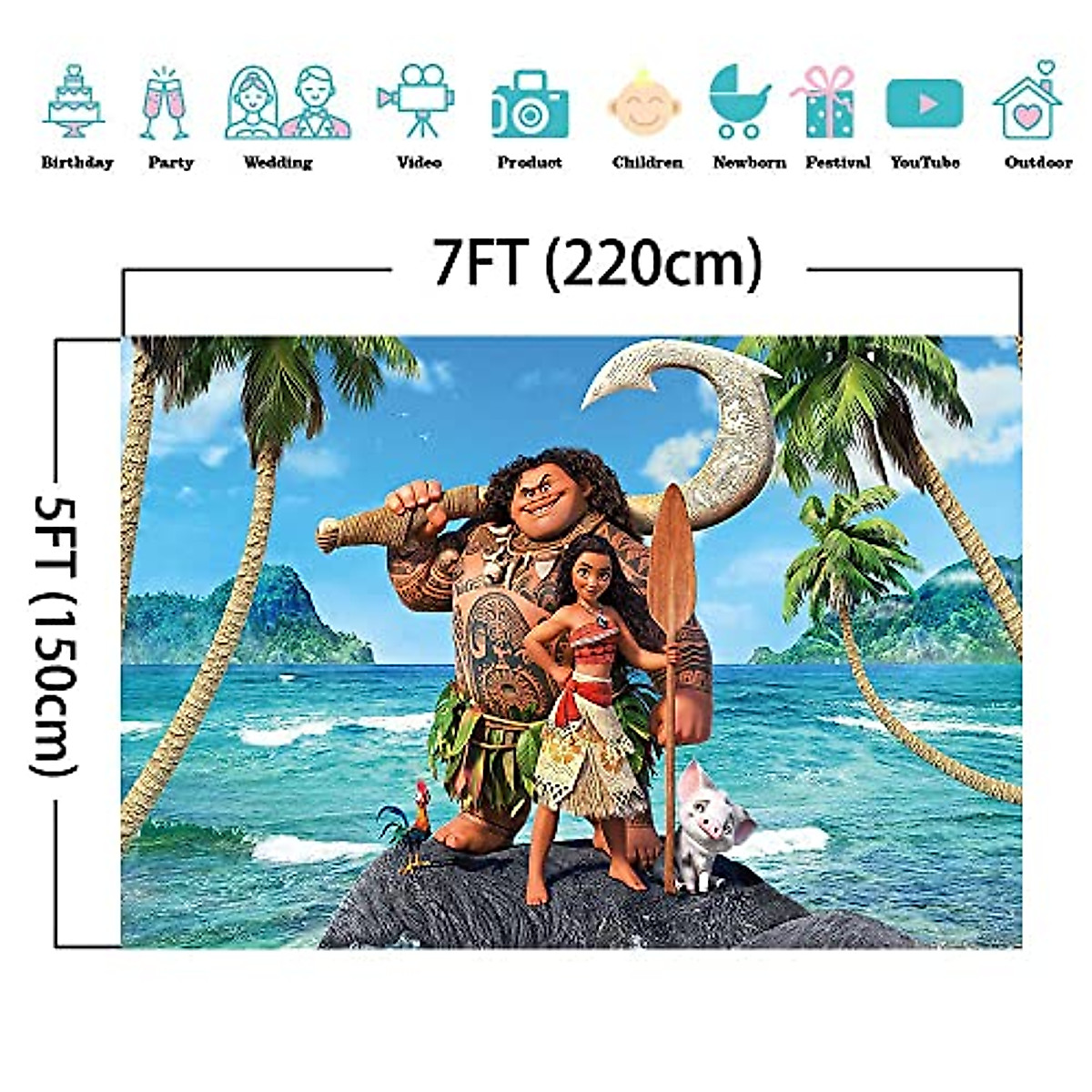7x5ft Moana Maui Beach Theme Backdrop Baby Shower Girl Birthday Party Background Cake Table Dress-up Large Banner Supplies