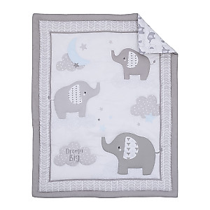 NoJo Little Love Elephant Stroll Dream Big Clouds and Stars with Chevron Border 3 Piece Nursery Mini Crib Bedding Set - Comforter, and Two Fitted Mini Crib Sheets