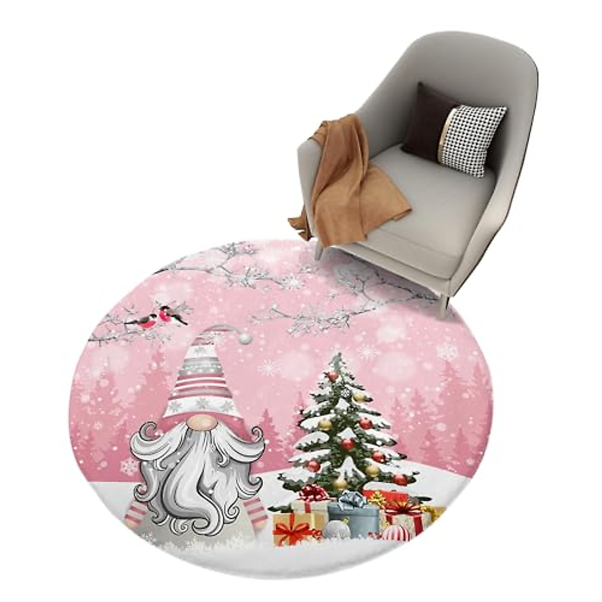 Christmas Gnomes Fluffy Round Area Rug Carpets 4ft, Plush Shaggy Carpet Soft Circular Rugs, Non-Slip Fuzzy Accent Floor Mat for Living Room Bedroom Nursery Home Decor Xmas Snowy Tree Bird Pink