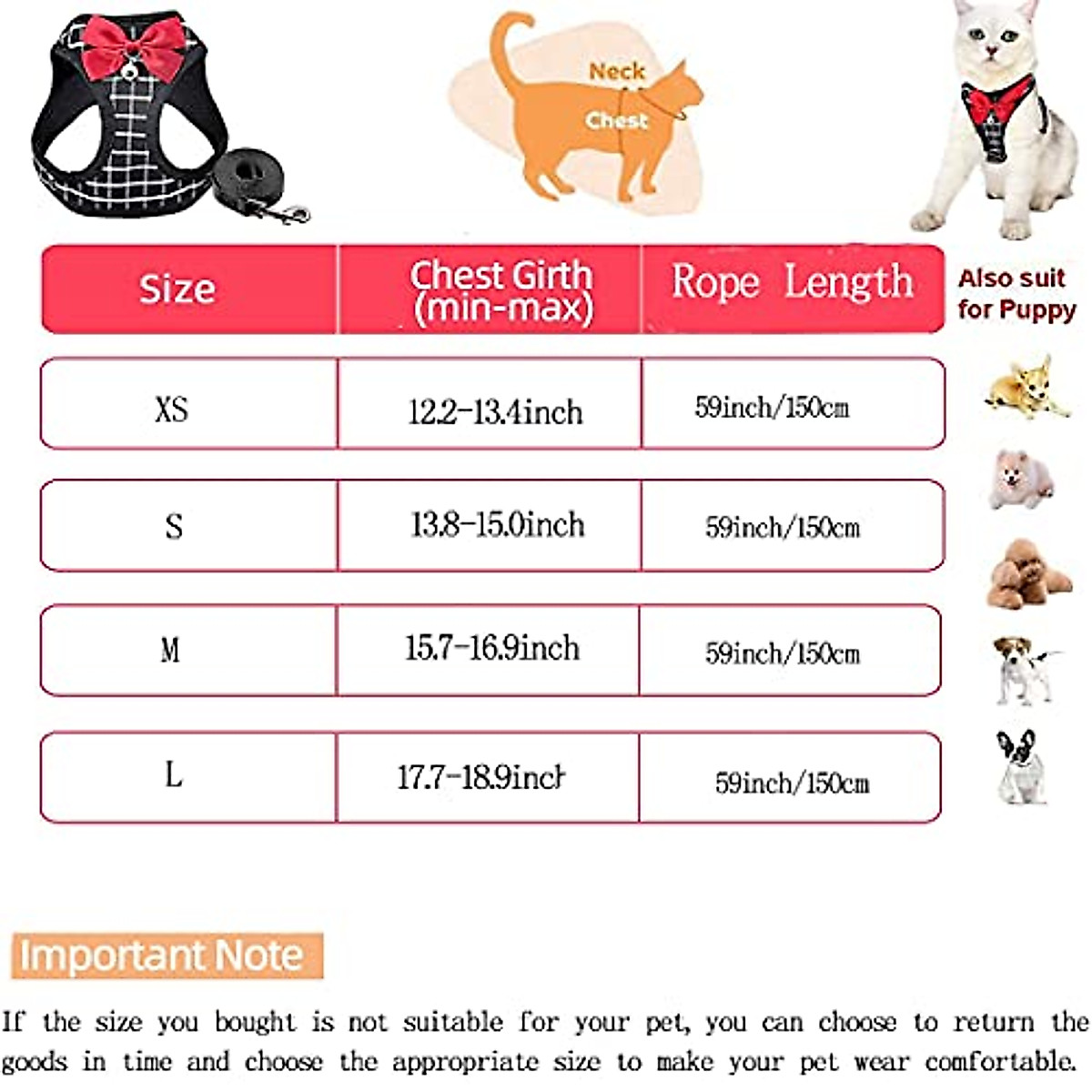 BLUWTE Cat Harness,Cat Harness and Leash, Breathable Dog Harness,Pet Harness,Adjustable Mesh Vest Harness for Puppy Cat Rabbit (Black, S)