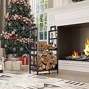 YITAHOME 2.6x1.3ft Firewood Rack Tools Set Wood Log Holder for Fire Place Outdoor Indoor Accessories - 2 Layer Iron with Brush, Shovel, Tong, Hook, Lumber Kit Storage Stacking, Black