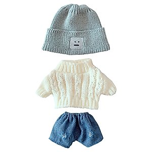 niannyyhouse Doll Clothes Suit 7.8in/20cm Plush Doll Clothes Hat + Sweater + Shorts 3-Piece Set Doll Dressup Square Face Hat Denim Shorts White Sweater (Blue)