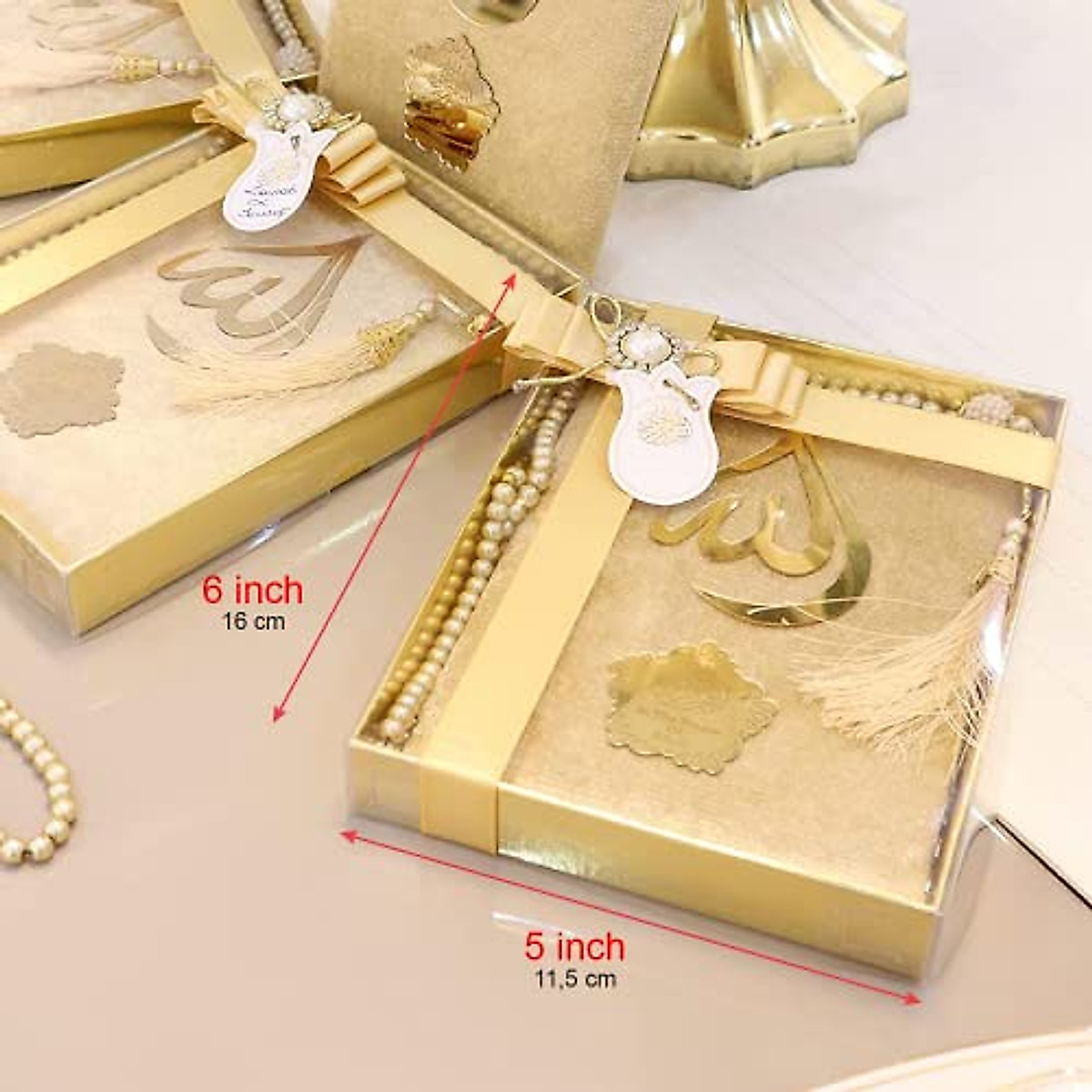 Pack of 5 Personalized Dua Book Prayer Beads Islamic Party Favor Gift, Decorated Gold Velvet Yaseen Dua Book Pearl Prayer Beads Muslim Gift Set for Ramadan Eid Hajj Umrah Wedding Baby Shower Ameen