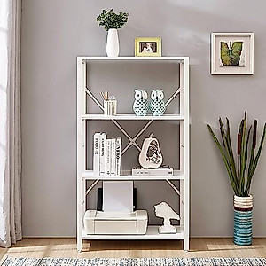 EXCEFUR Rustic Bookshelf and Bookcase, Industrial Metal and Wood Book Shelves, 4-Tier Shelving Unit for Living Room Bedroom, White Oak