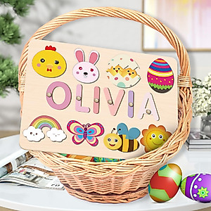Personalized Wooden Name Puzzle for Kids, Custom Baby Gifts with Engraved Text on Back, 1st Birthday Gifts for Girls Boys, Easter Basket Stuffers for Toddler, Early Learning Toys for Baby