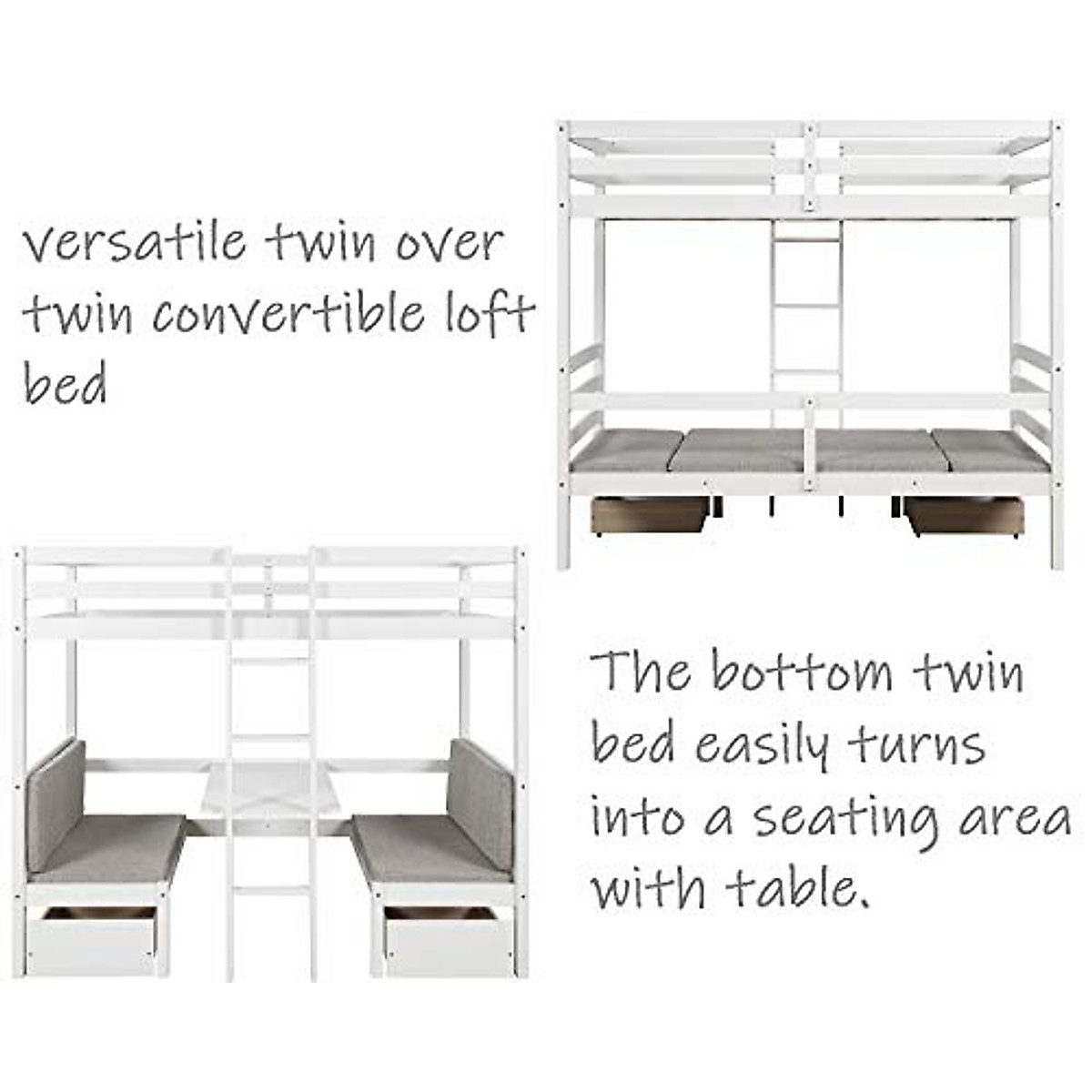 Rhomtree Wood Twin Size Bunk Bed with Desk Underneath and Chair Loft Bed Multifunctional Bed for Boys & Girls Teens Kids Bedroom Dorm
