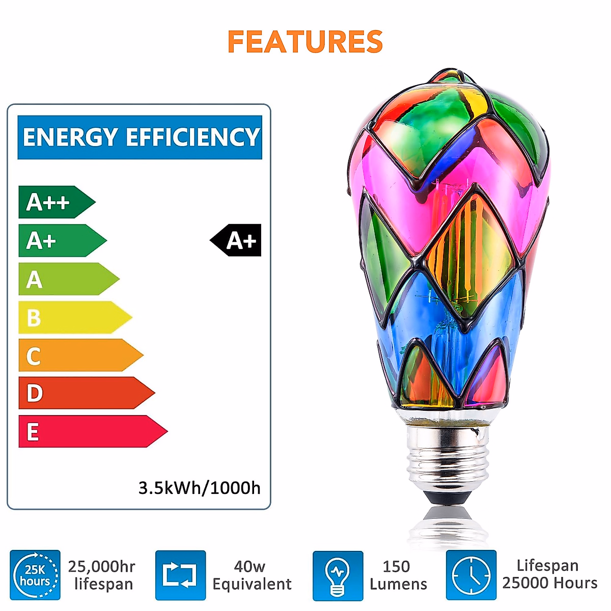 Tidorlou 2 Pack Stained Glass LED Light Bulb, Dimmable E26 Medium Base, A60/ ST64 3.5W LED Bulb for Home Party, Balcony, Garden, Christmas Decoration (ST65)