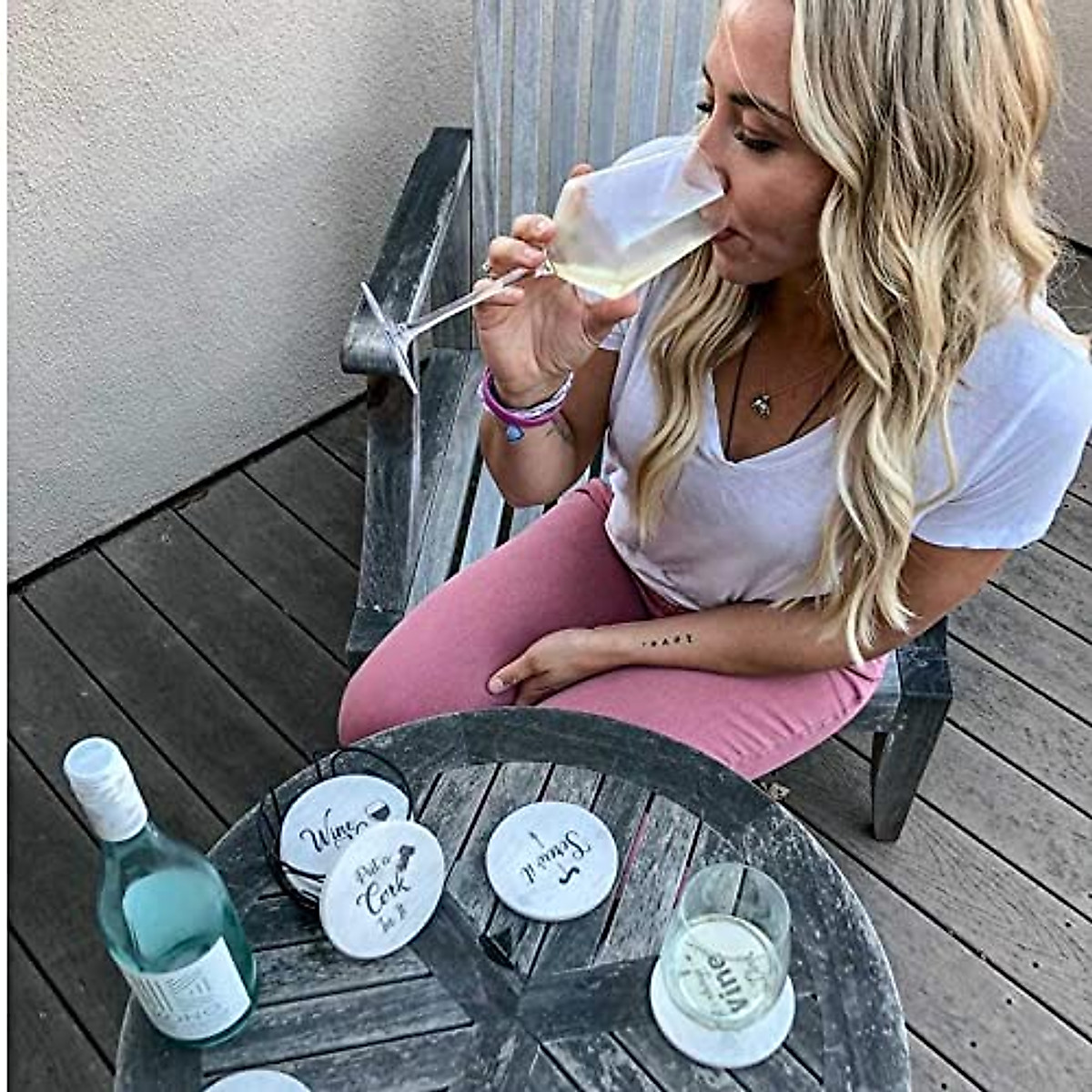 Coasters for Drinks Absorbents with Holder - 6 Pcs Gift Set with 6 Funny Sayings for Wine Lovers - Ceramic Stone with Corked Back, Unique Present for Housewarming, Living Room Decor